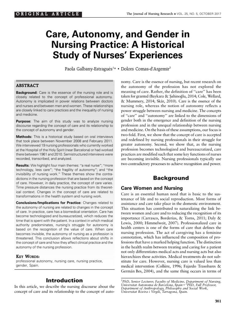Care, Autonomy, and Gender in Nursing Practice | PDF