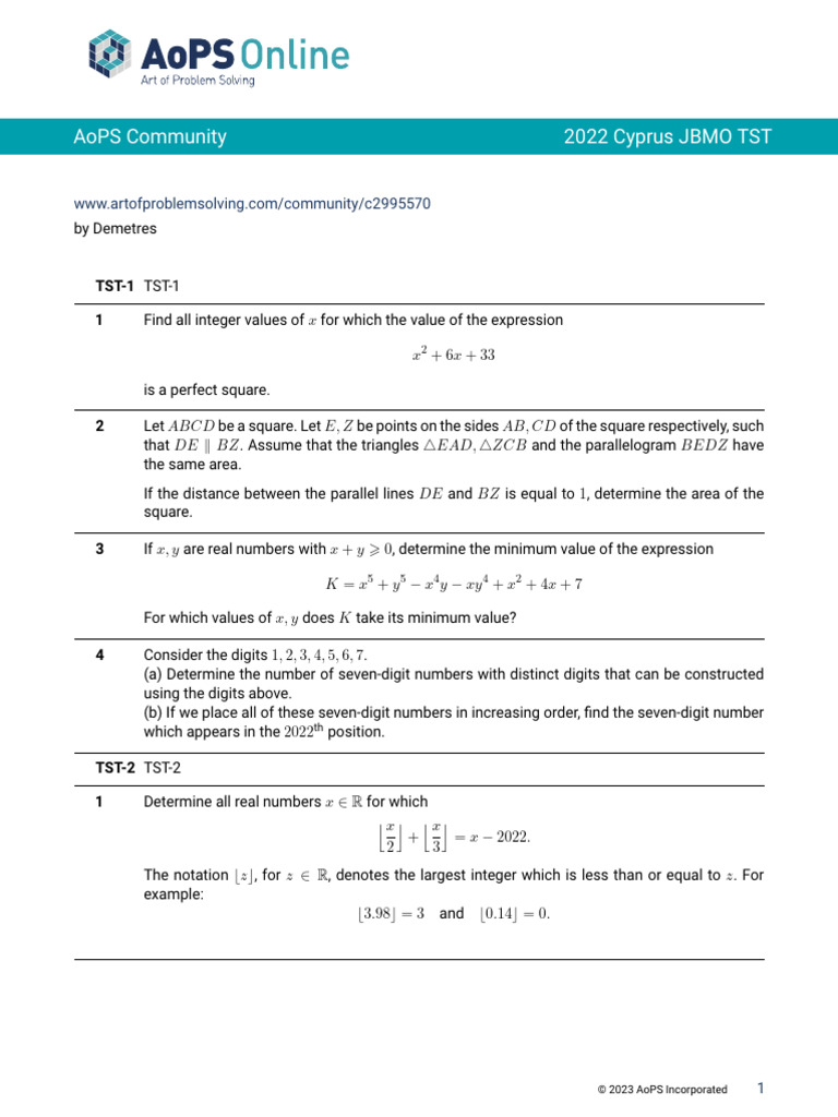 Aops Community 2022 Cyprus Jbmo TST | PDF