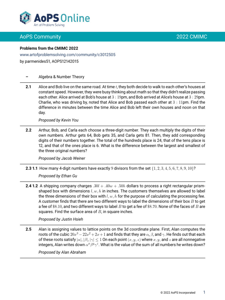 Aops Community 2022 Cmimc: Problems From The Cmimc 2022 | PDF