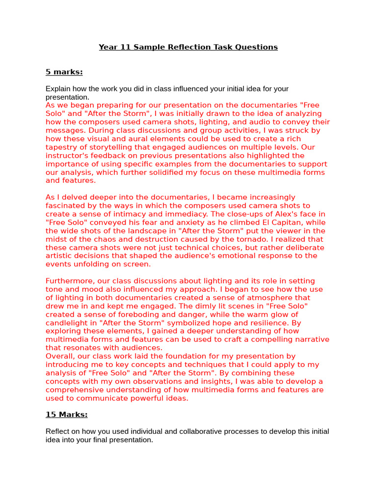 Year 11 Sample Reflection Task Questions | PDF