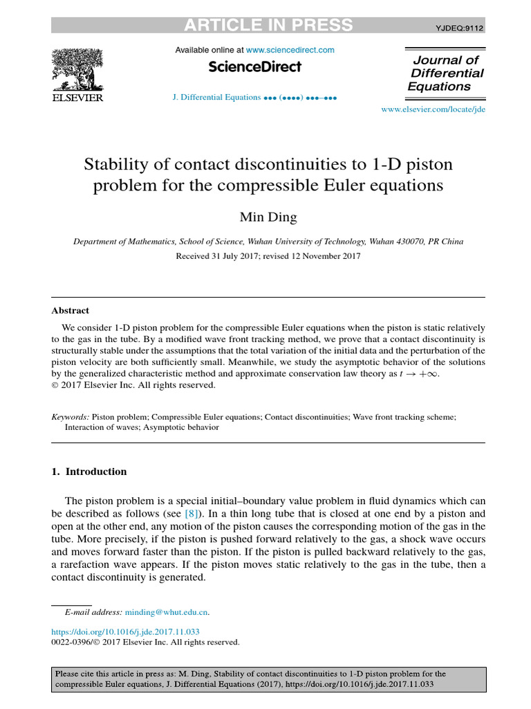 Stability of Contact Discontinuities To 1-D Piston Problem For The Compressible Euler Equations ...