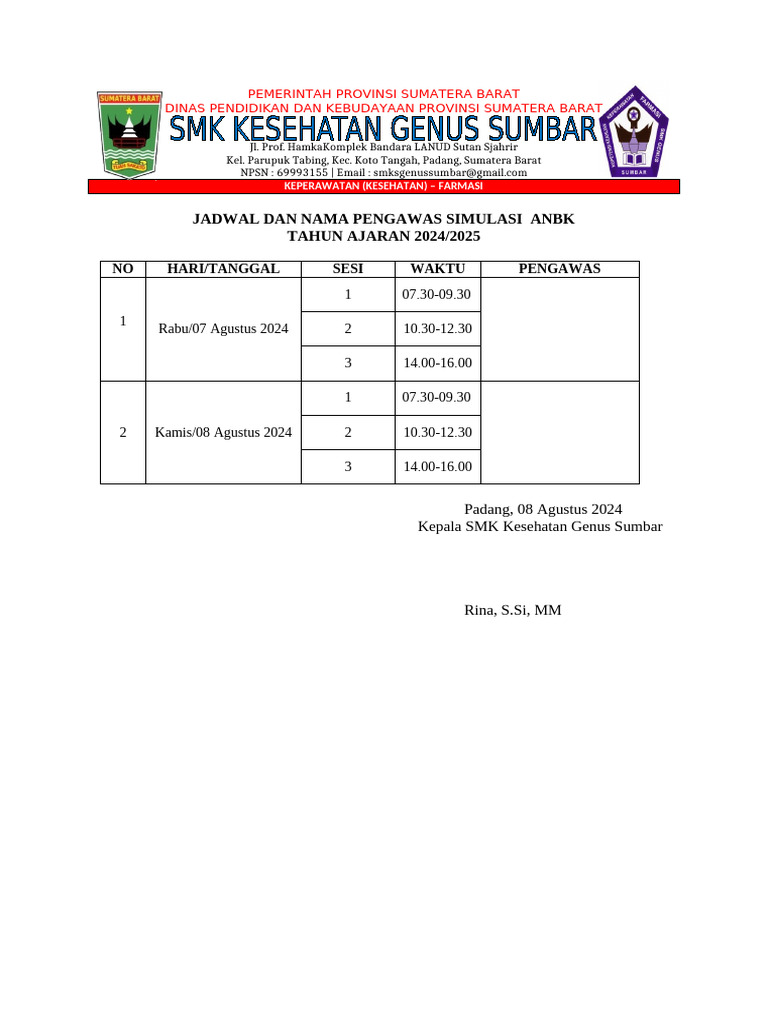 Jadwal Dan Nama Pengawas Simulasi Anbk | PDF