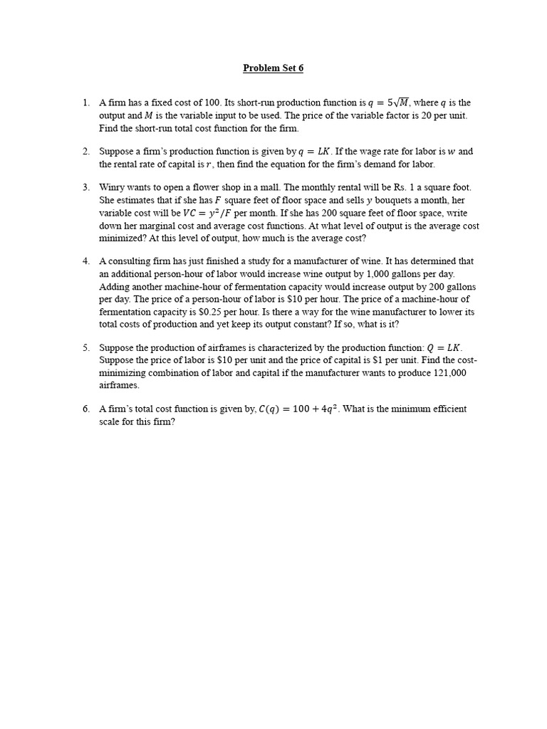 Problem Set 6 - Costs | PDF Problem Set 6 - Costs | PDF
