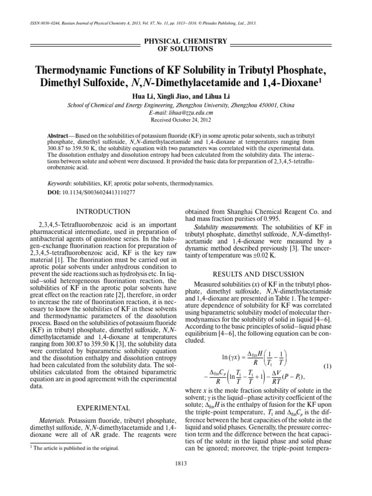 Thermodynamic Functions of KF Solubility in Tributyl Phosphate, Dimethyl Sulfoxide, N ...