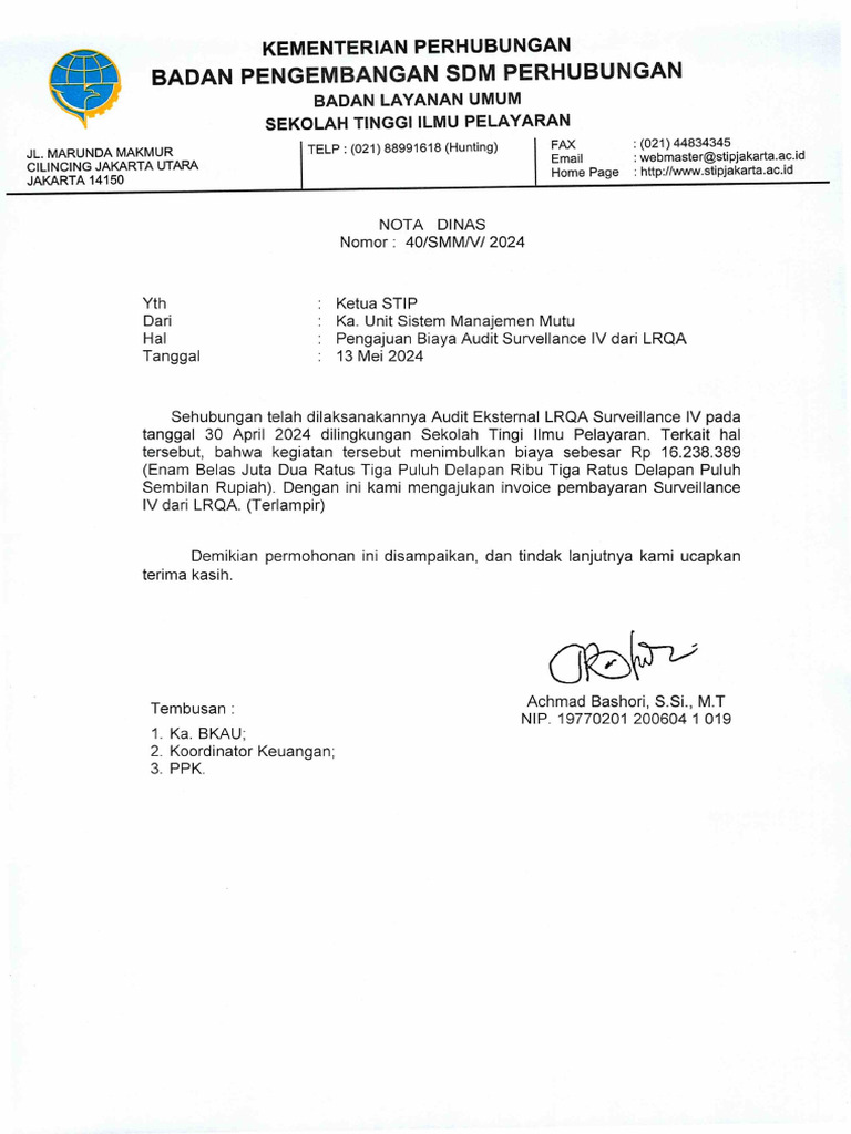 Nodin Pengajuan Biaya Audit LRQA Surveillance IV | PDF
