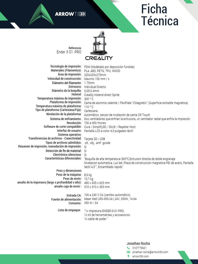 Ficha Tecnica Ender 3 S1 Pro | PDF