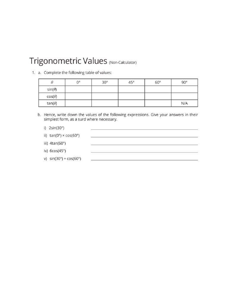 Exact Trigonometric Values Worksheet | PDF