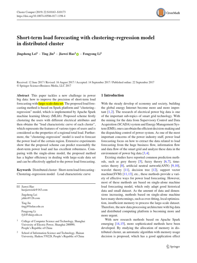 Short Term Load Forecasting With Clustering Regression Model In Distributed Cluster Pdf