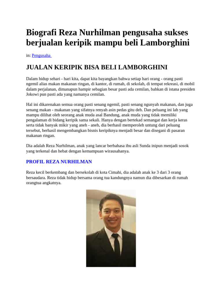 Biografi Reza Nurhilman Pengusaha Sukses Berjualan Keripik Mampu Beli Lamborghini | PDF