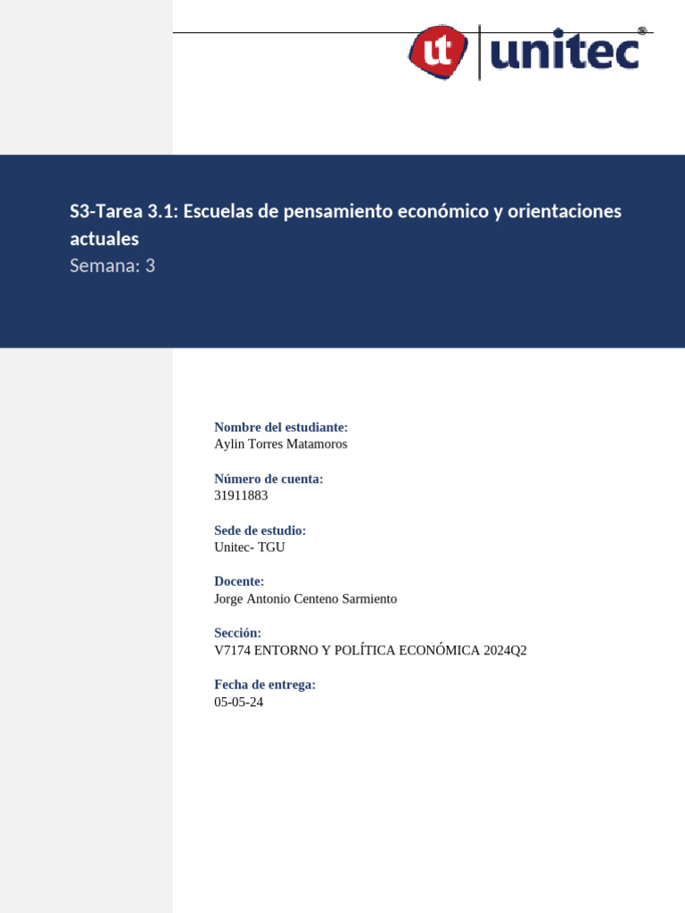 S3 Tarea 3 Escuelas de Pensamiento Econ Mico y Orientaciones Actuales | PDF