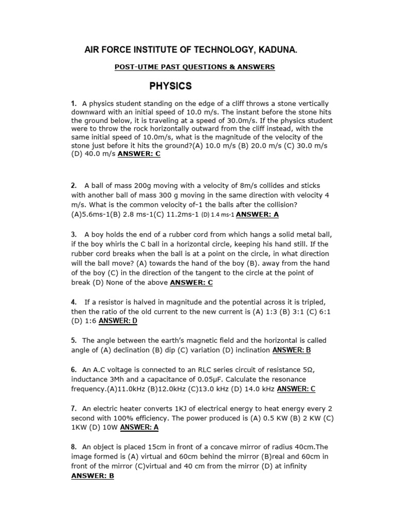 Afit Physics Past Question PDF | PDF