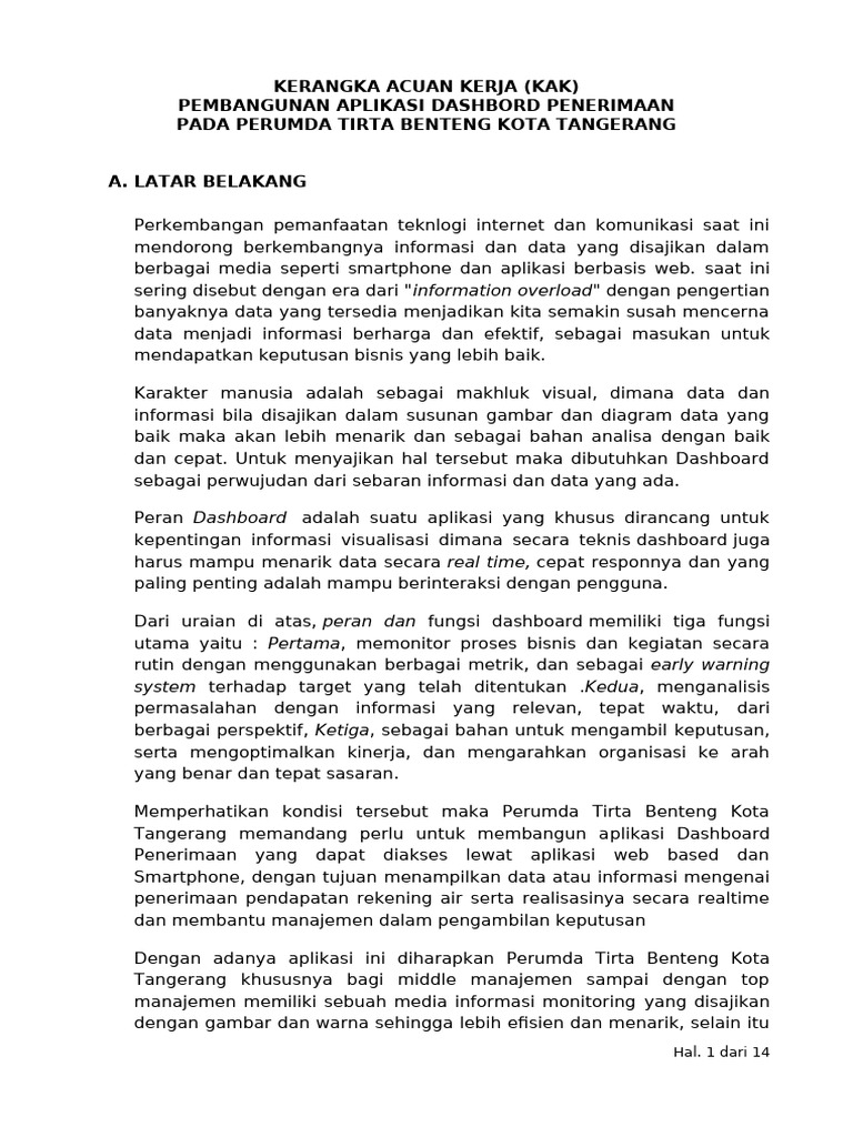 KAK Dashbaord Penerimaan PDAM Tirta Benteng 220424 | PDF