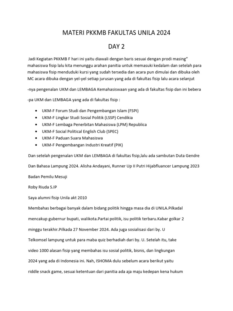 MATERI PKKMB FAKULTAS UNILA 2024 DAY 2 | PDF