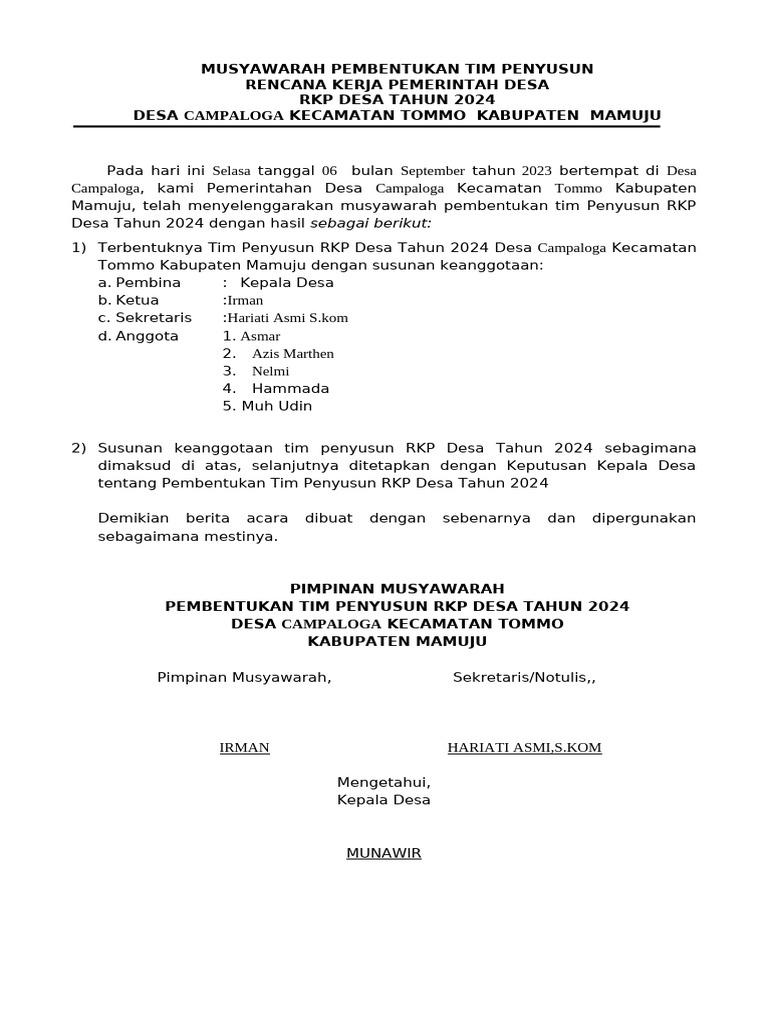 BA. Pembentukan Tim Penyusun RKP Desa | PDF