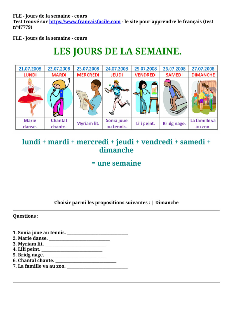 FLE - Jours de La Semaine - Cours | PDF | Arts du langage et discipline