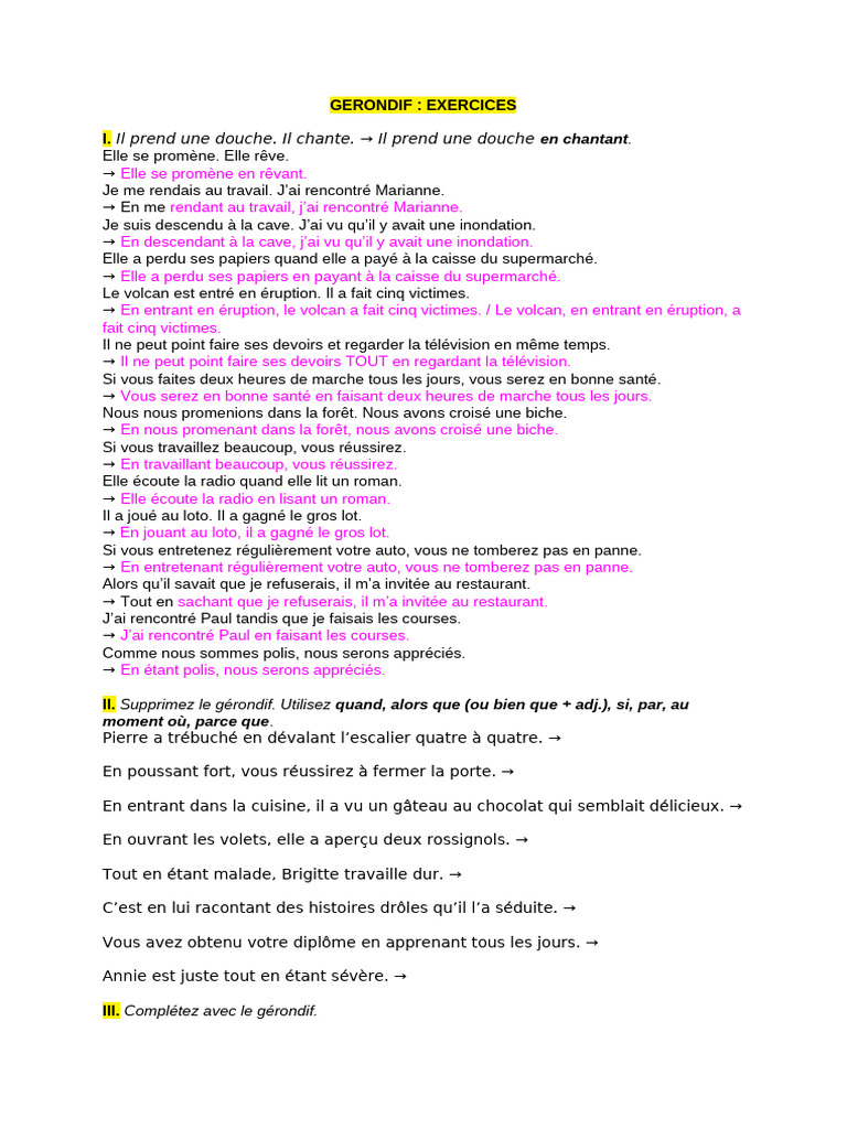 Gerondif - 3 Exercices | PDF