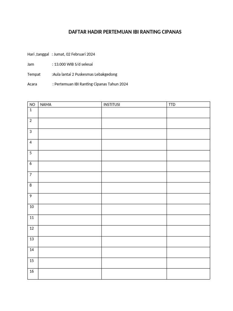 Absensi Pertemuan Ibi Ranting Cipanas 2024 | PDF