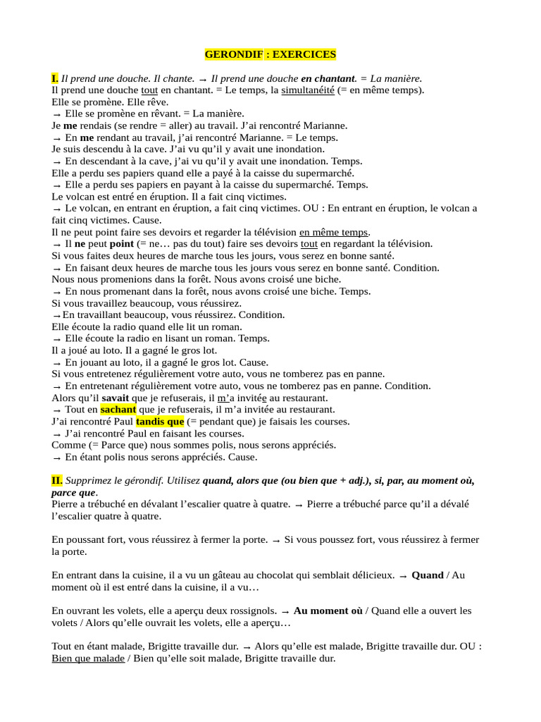Gérondif 3 Exos Correction Des 2 1ers | PDF