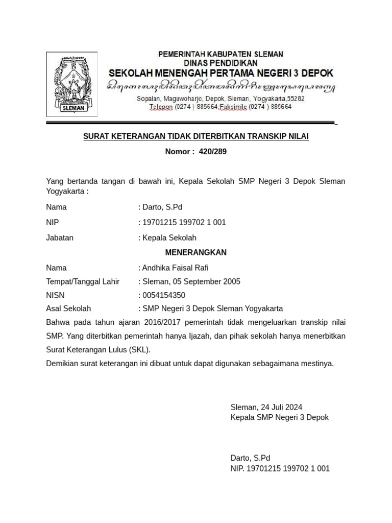 Surat Keterangan Transkrip Nilai SMP | PDF