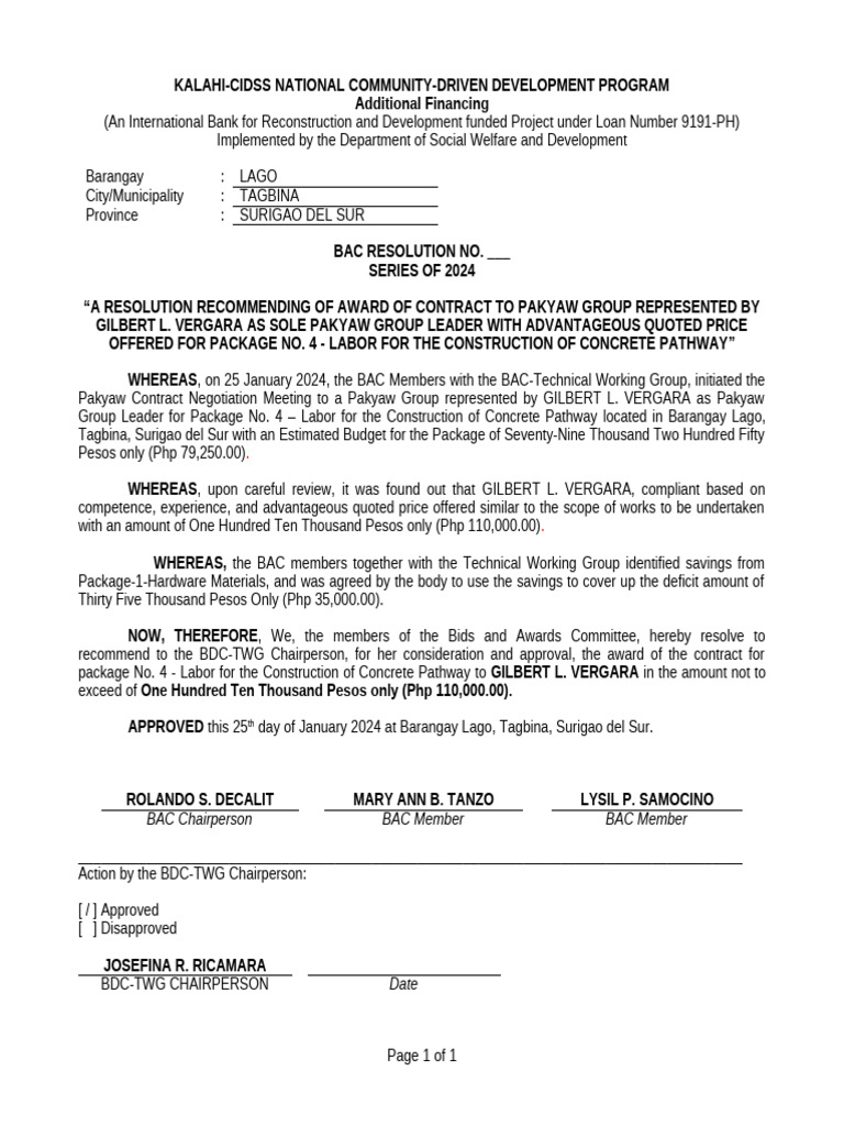 BAC Resolution Recommending of Award For Pakyaw Labor | PDF