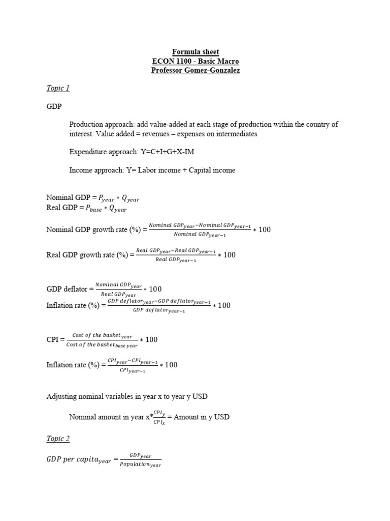 Formula Sheet ECON1100 | PDF