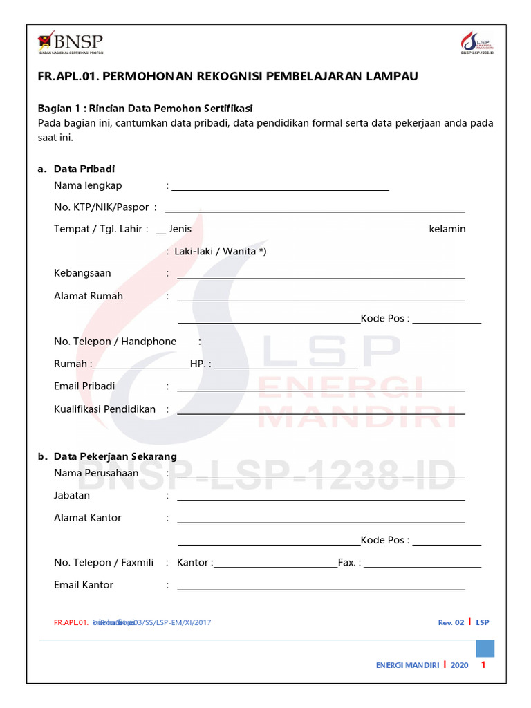 FR - APL.01. Permohonan Sertifikasi Kompetensi POU | PDF