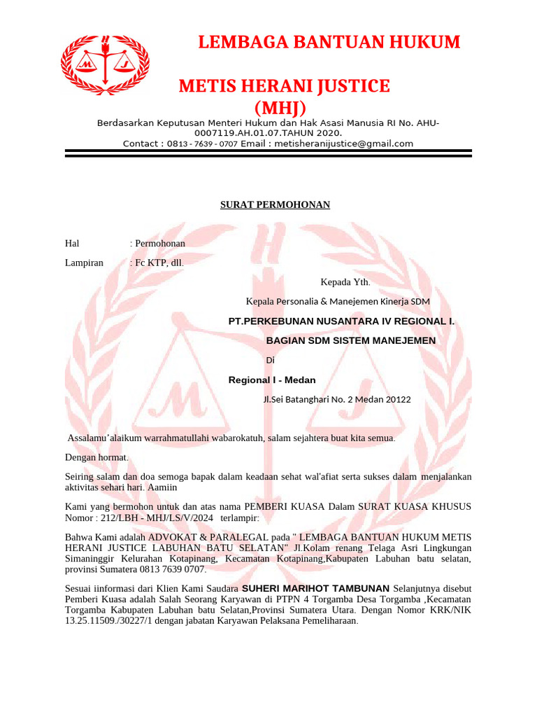 Surat Permohonan LBH MHJ | PDF | Hukum | Pengelolaan Keuangan & Uang
