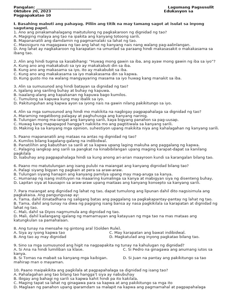 Week 7 and 8 Summative EsP 10 | PDF