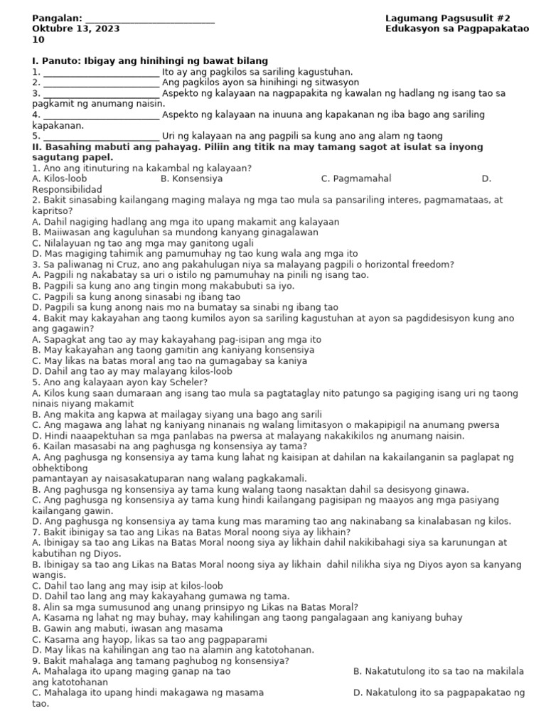 Week 3 and 6 Summative EsP 10 | PDF