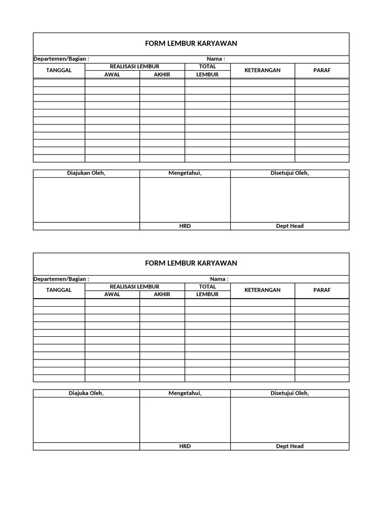 Form Lembur Karyawan Mlg & Pku | PDF