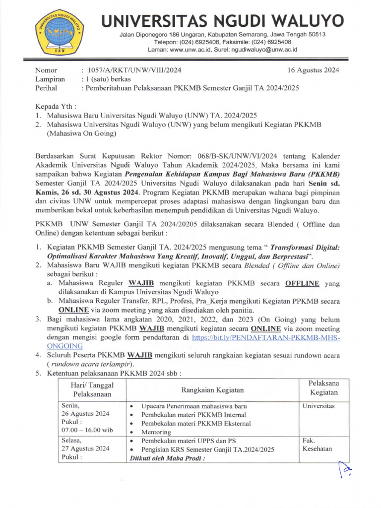 Surat Pemberitahuan Pelaksanaan PKKMB Semester Ganjil Ta. 2024-2025 Universitas Ngudi Waluyo | PDF