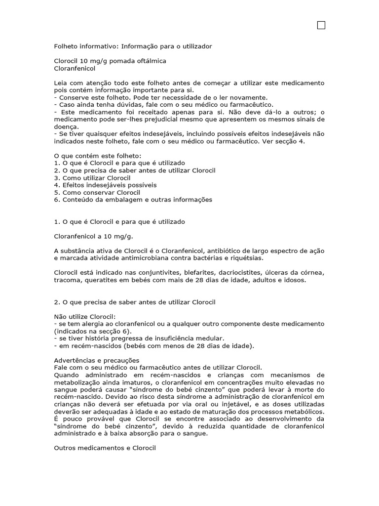Clorocil: Pomada Oftálmica e Uso Seguro | PDF | Gravidez | Amamentação
