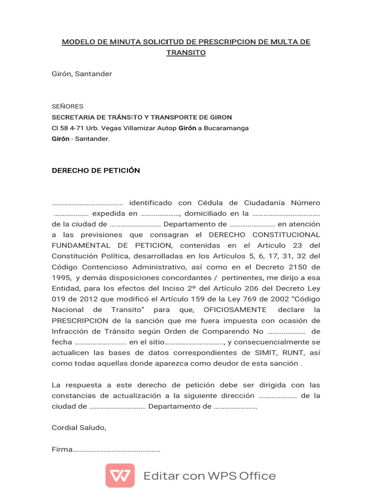 Modelo de Prescripcion de Multa de Transito | PDF