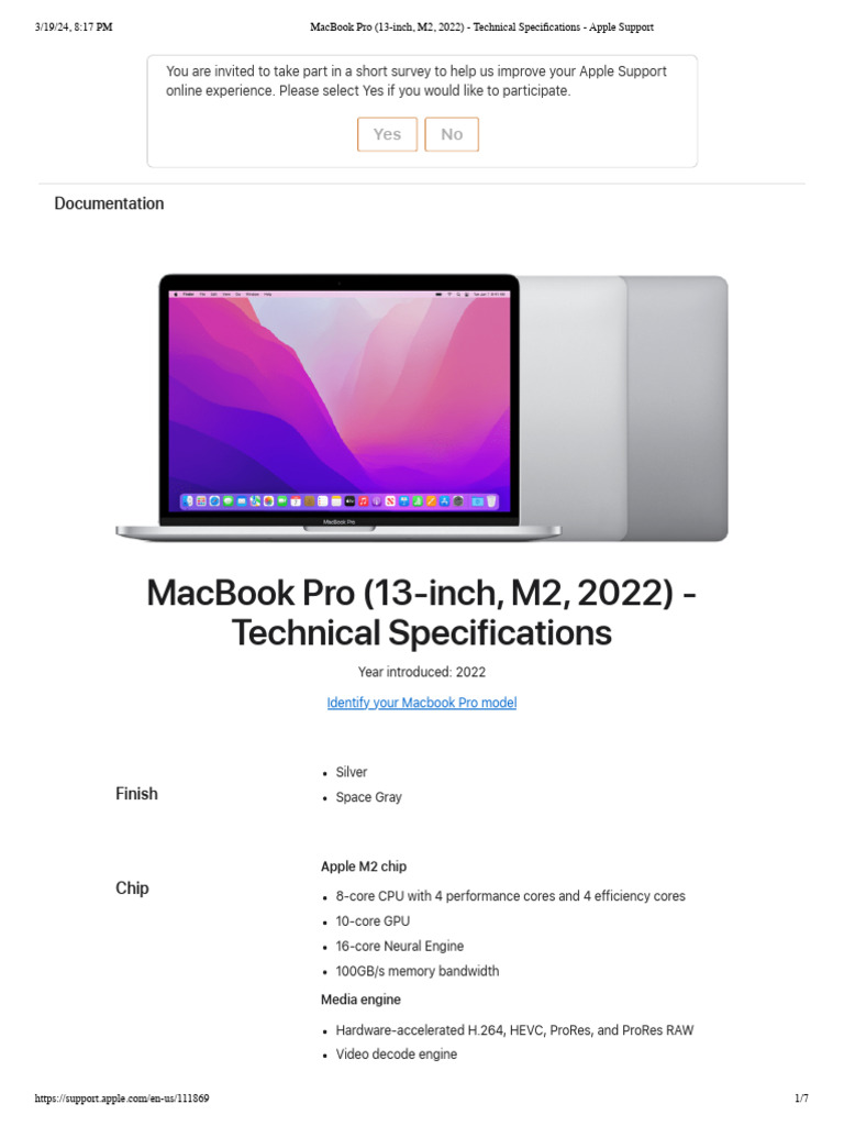MacBook Pro (13-Inch, M2, 2022) - Technical Specifications - Apple Support | PDF