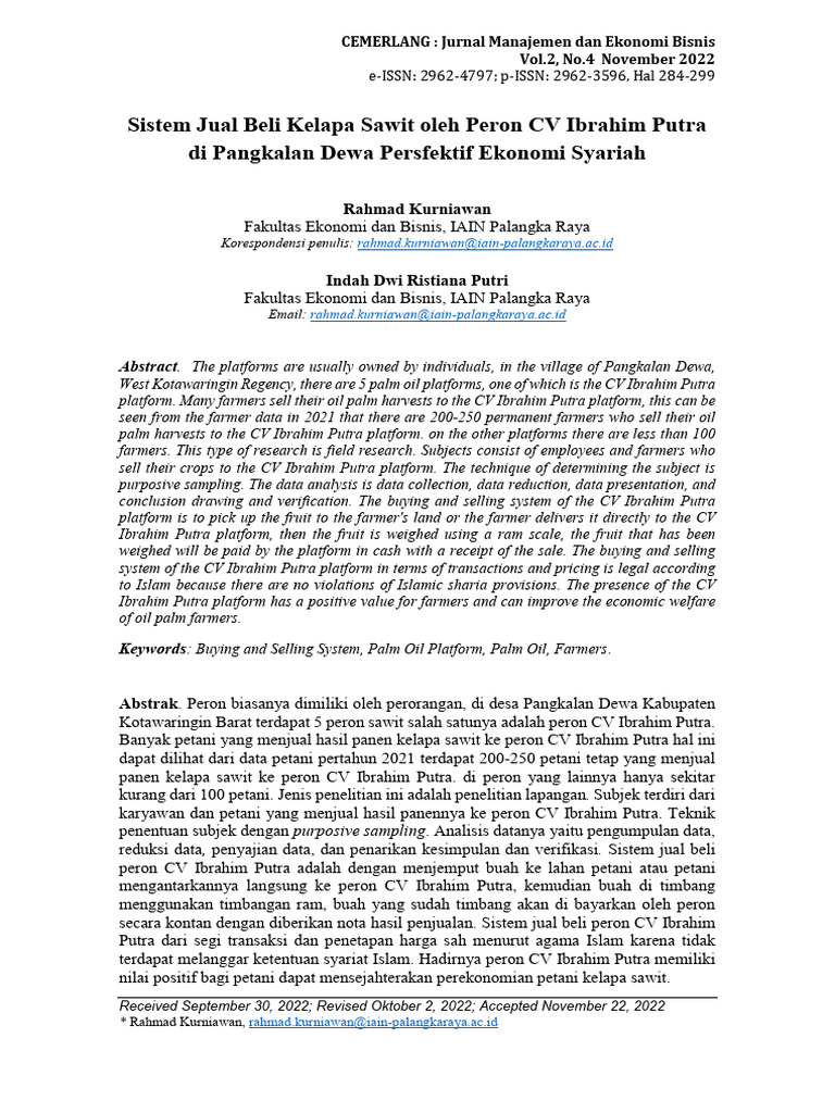 284-299 Sistem Jual Beli Kelapa Sawit Oleh Peron CV Ibrahim Putra Di Pangkalan Dewa Persfektif ...