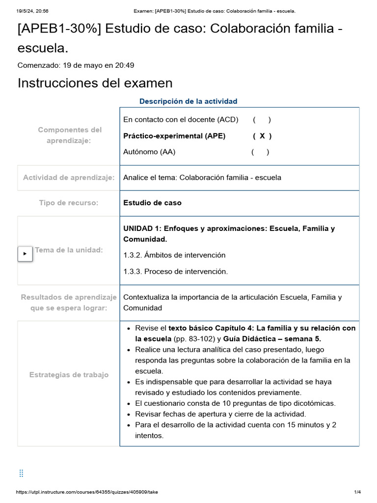 Examen - (APEB1-30%) Estudio de Caso - Colaboración Familia - Escuela | PDF | Escuelas | Cognición