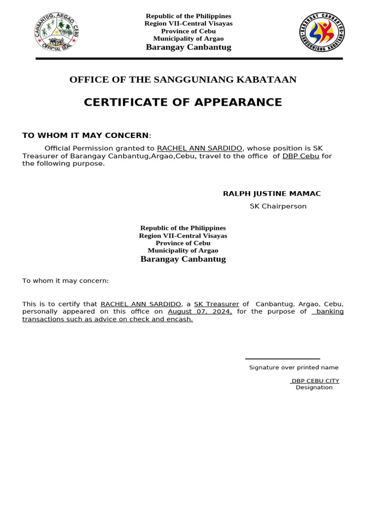 Cert of Appearance SK | PDF
