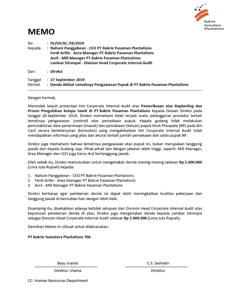 Internal Memo - Denda Akibat Lemahnya Pengawasan Pupuk Di BPP | PDF