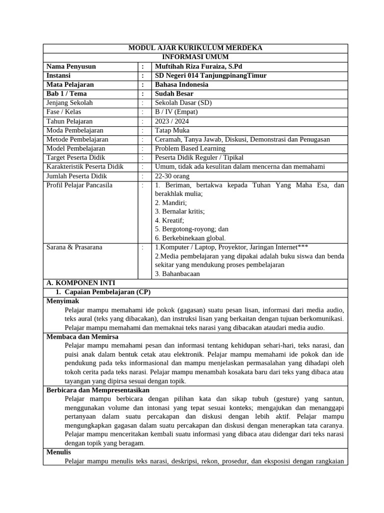 Modul Ajar Bindo Bab 1 K-Merdeka | PDF