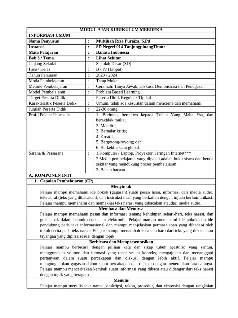 Modul Ajar Bindo Bab 3 K-Merdeka | PDF