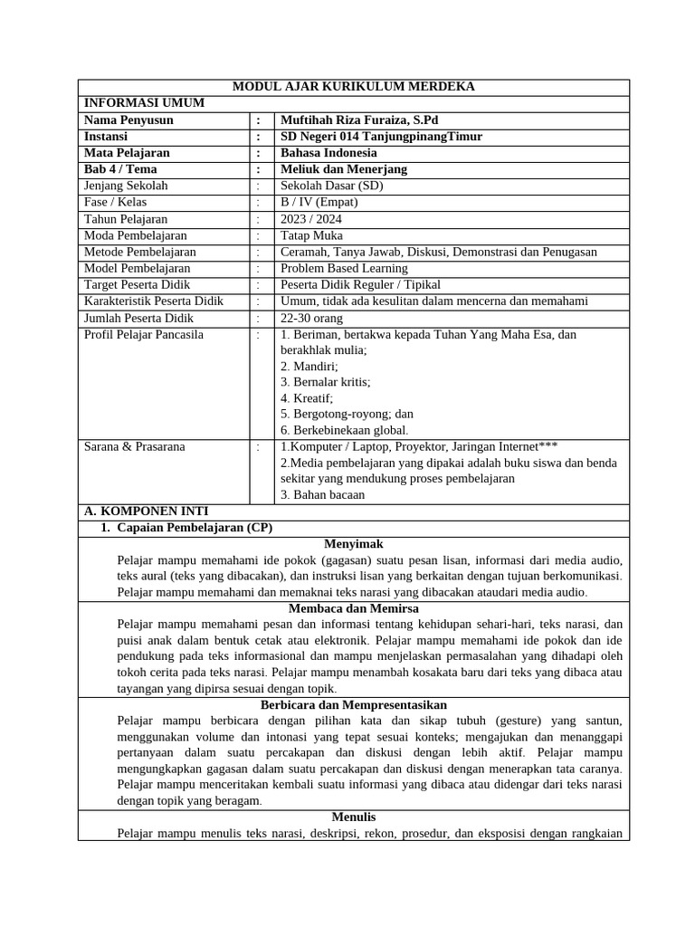MODUL AJAR BINDO BAB 4 K-MERDEKA | PDF