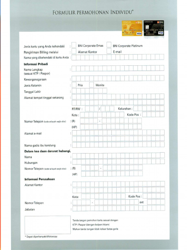 Form Aplikasi BNI Visa Corporate Card | PDF