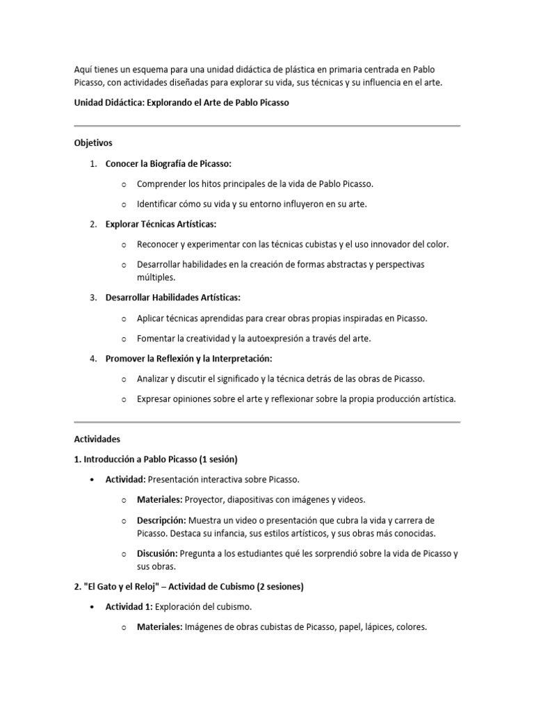 Pablo Picasso Actividades Plasticas | PDF