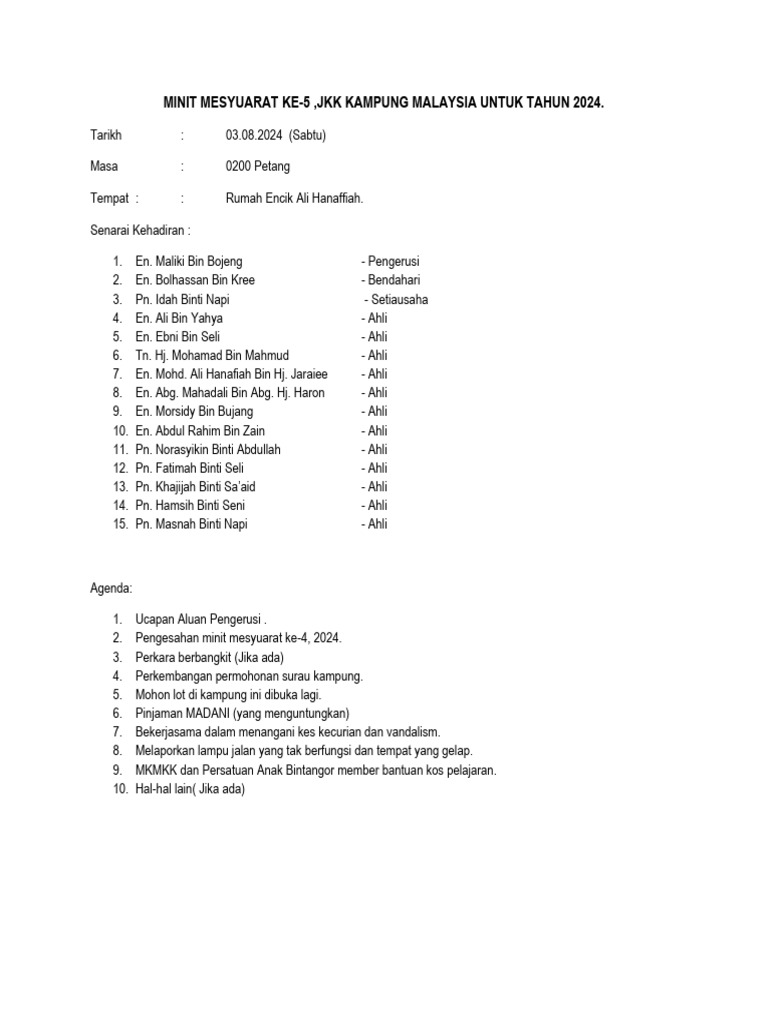 Minit Mesyuarat Bil.5 JKKK | PDF