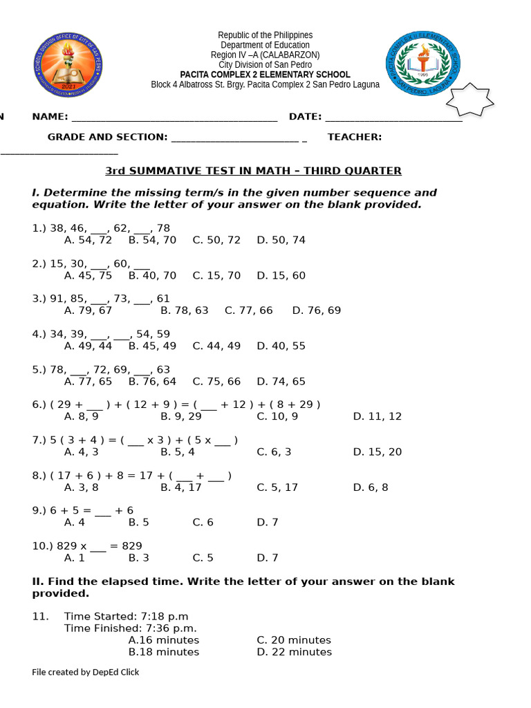 Math 4 3rd Summative Test q3 | PDF