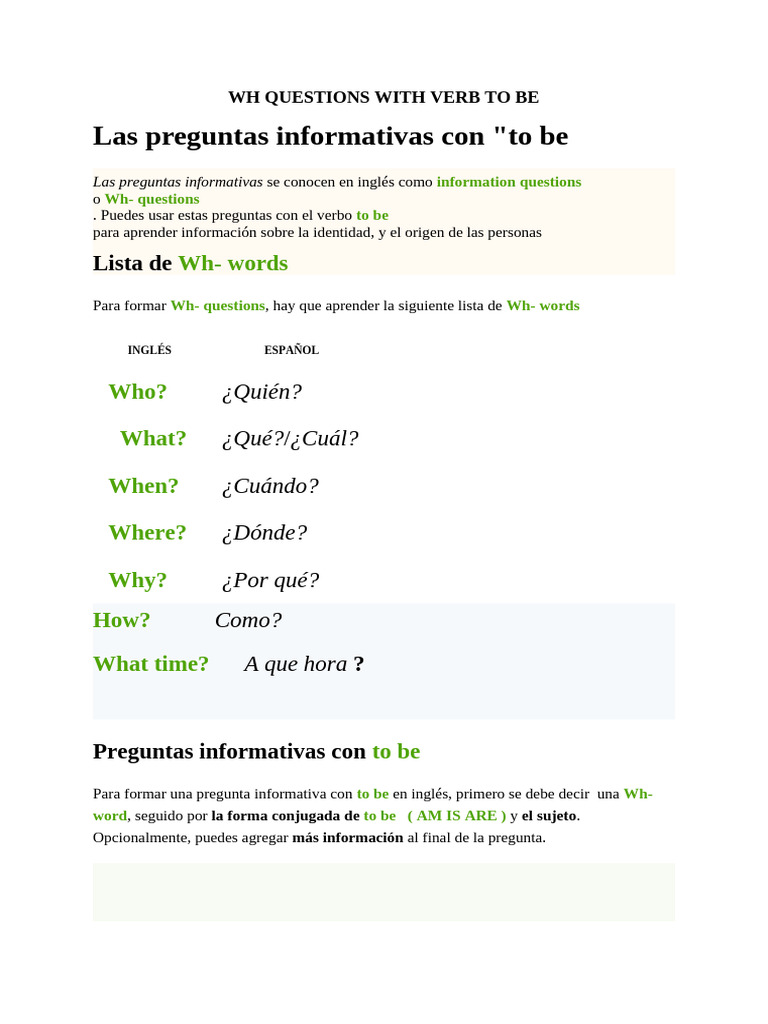WH Questions With Verb To Be | PDF