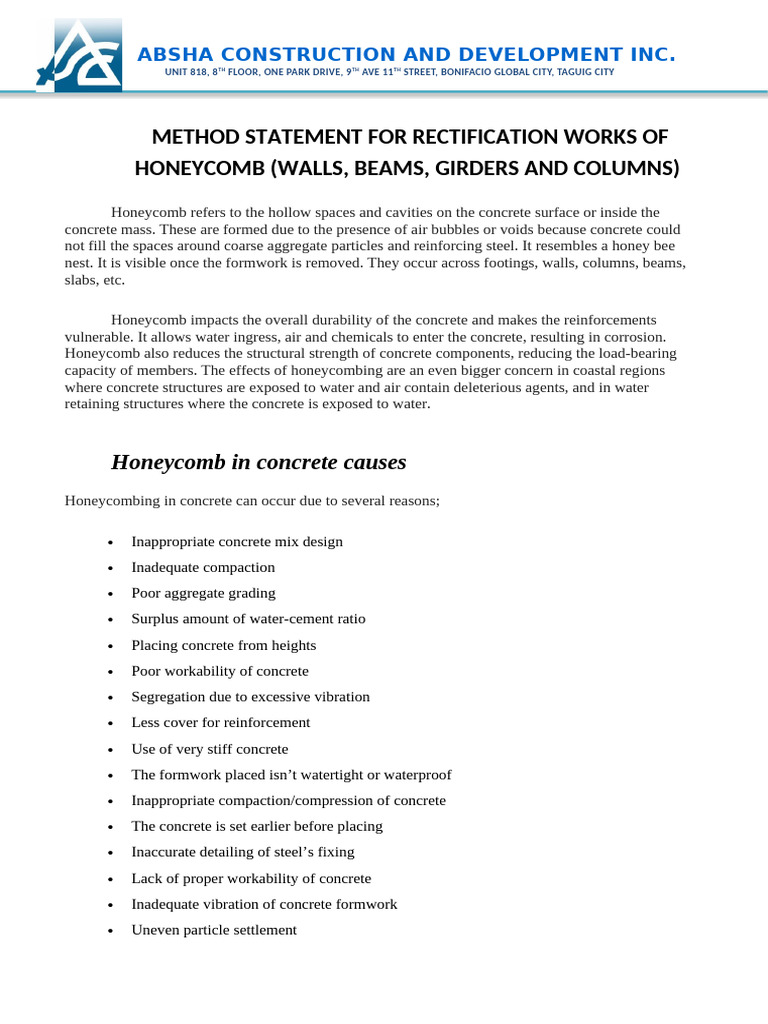 METHOD STATEMENT FOR Honey Comb | PDF