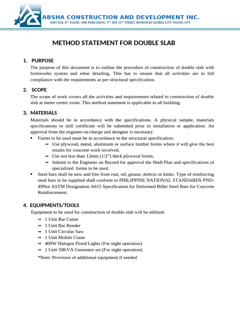 Method Statement For Double Slab | PDF