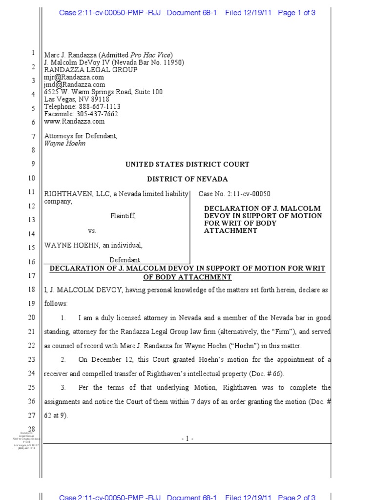 Declaration of J. Malcolm Devoy in Support of Motion For Writ of Body ...