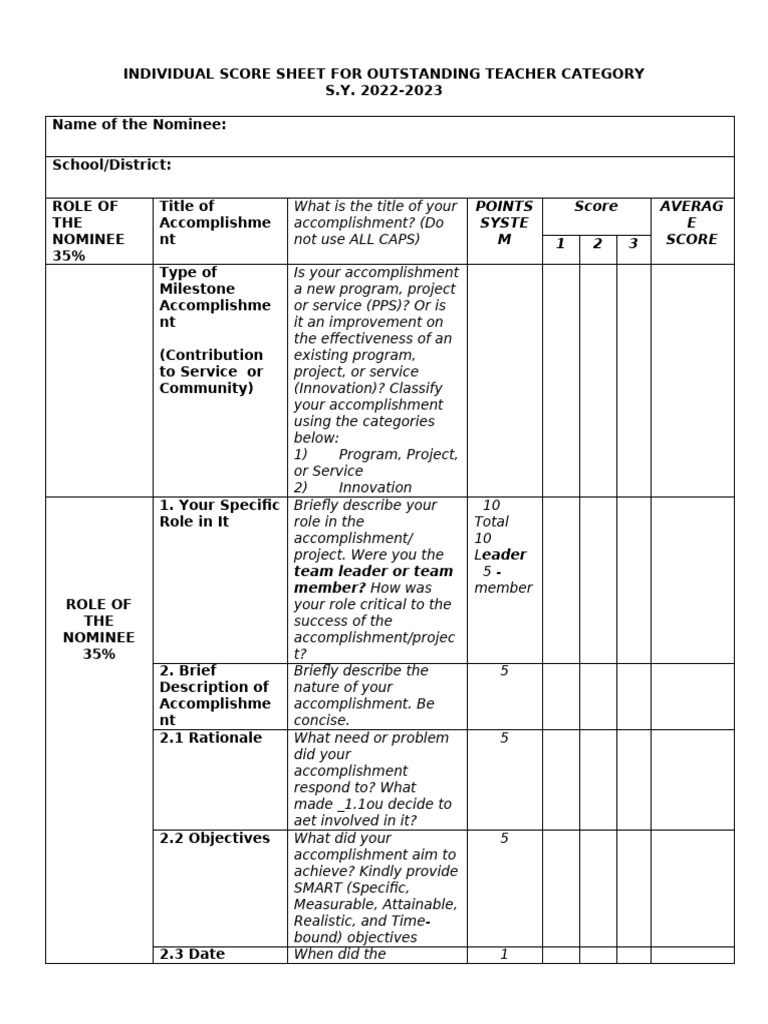 Score Sheet For Outstanding Teachers | PDF